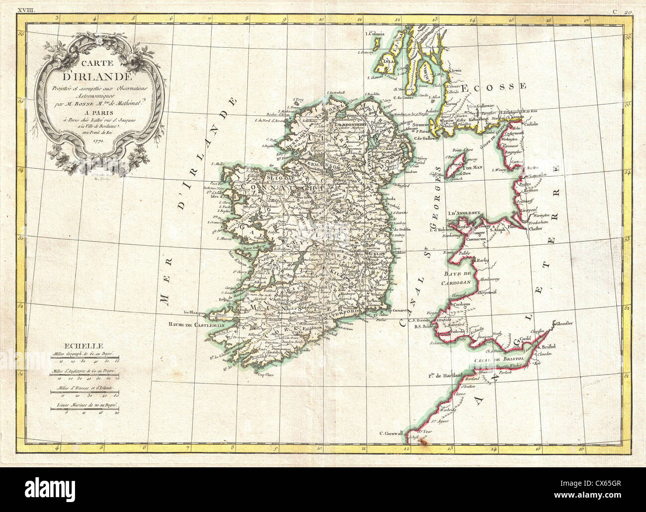 A 1771 antique map of Ireland, showing the geographical features and ...
