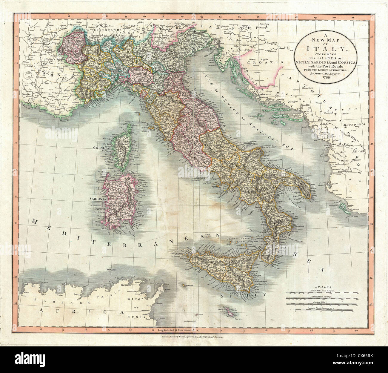 The 1799 Cary Map of Italy is an antique map showcasing the country ...