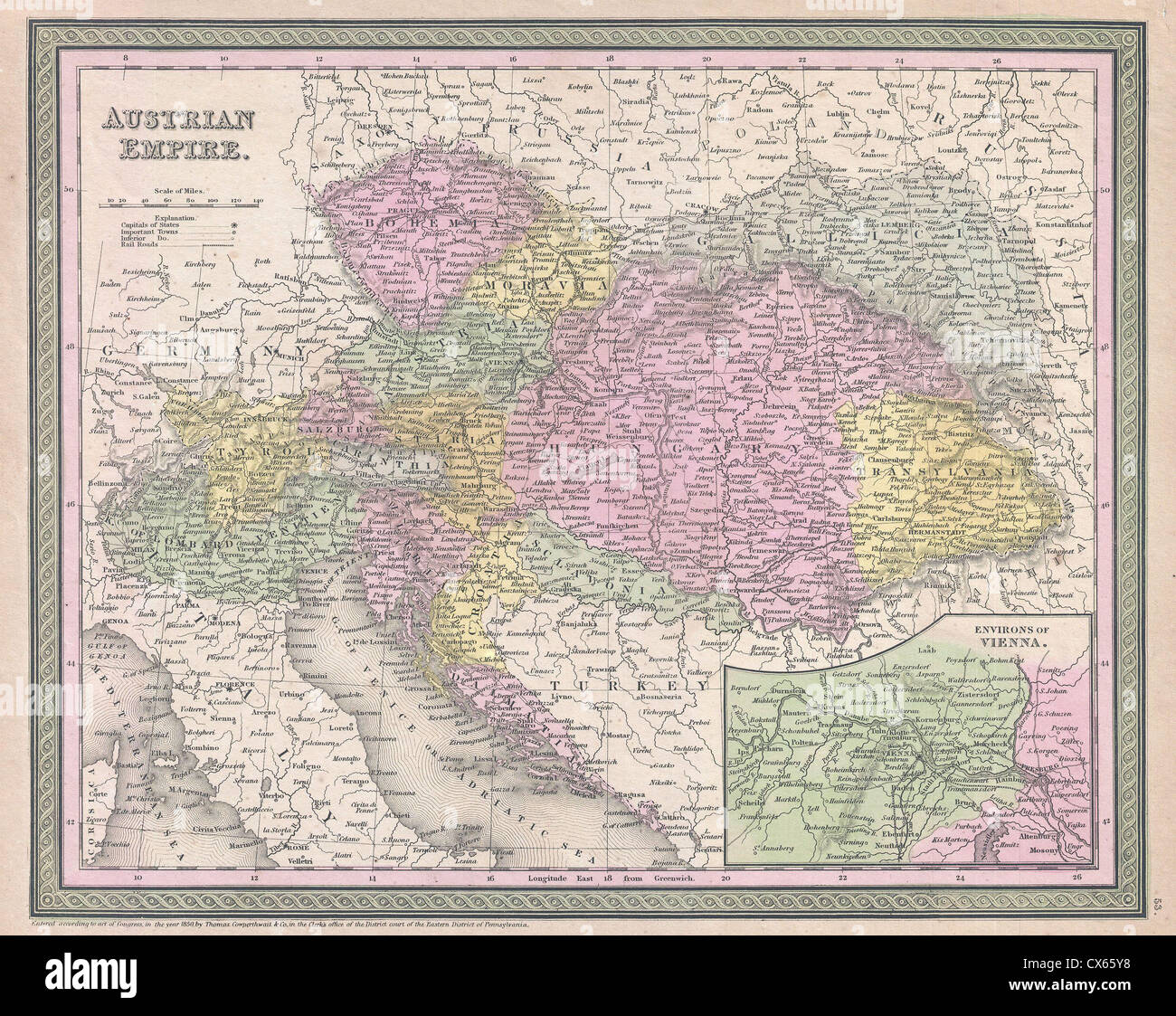 The 1853 Mitchell Map of Austria is a historical map showcasing the ...