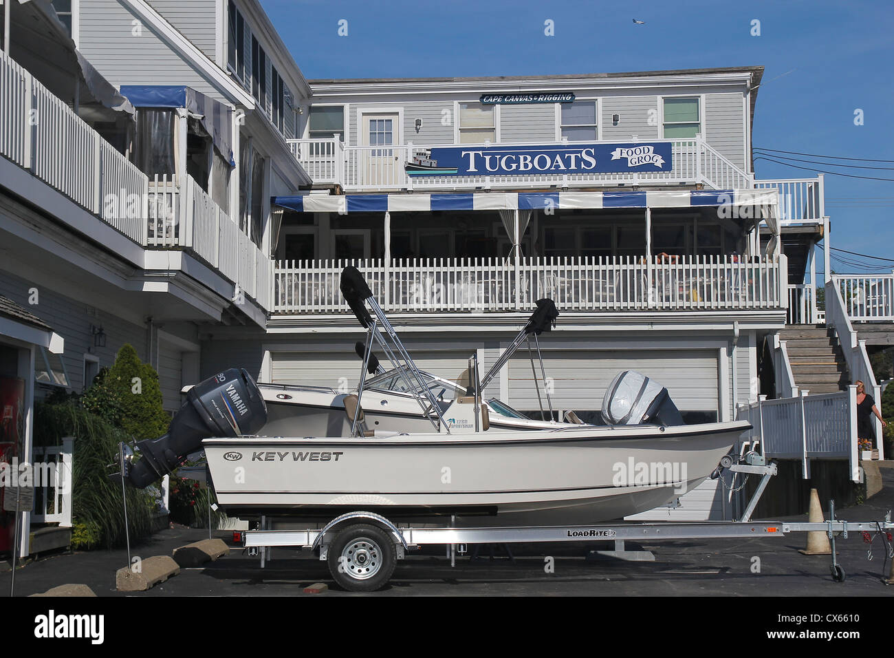 A boat parked near Tugboats restaurant, in Hyannis, Cape Cod ...