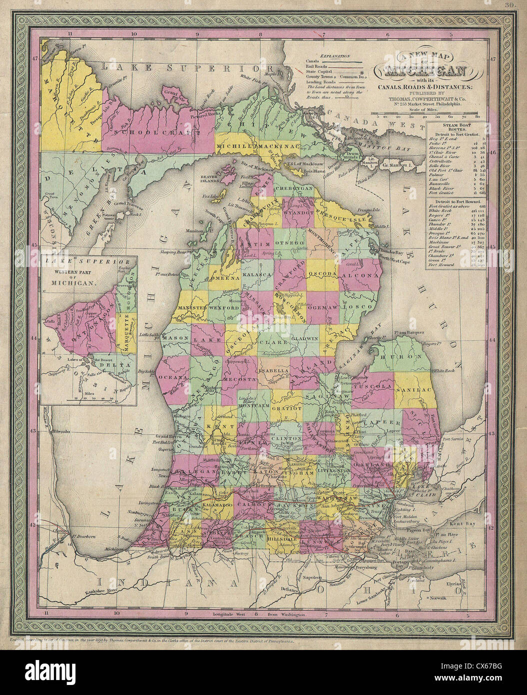 The 1853 Mitchell Map of Michigan offers a detailed depiction of the ...