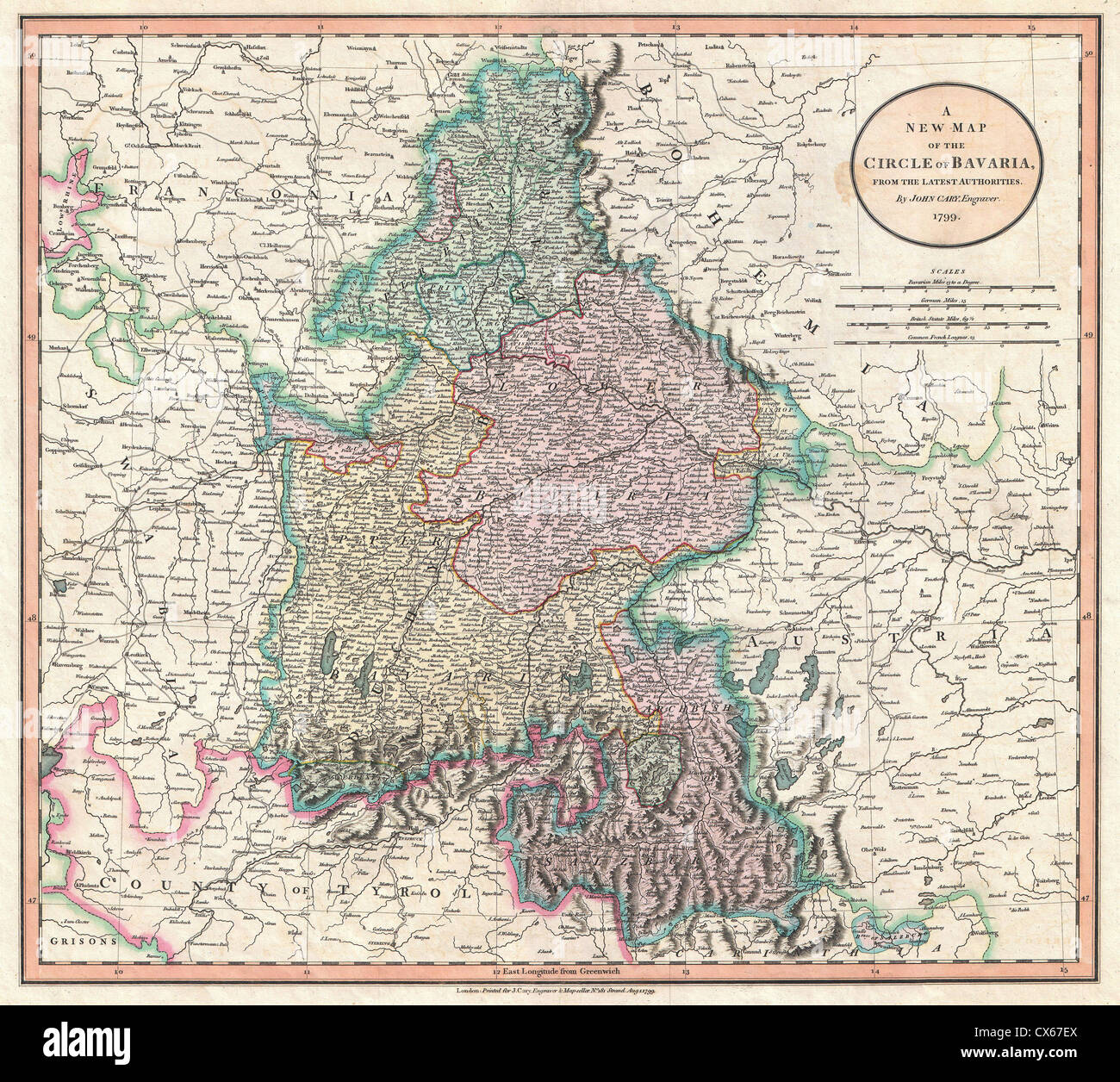 The 1799 Cary Map of Bavaria and Salzburg, Germany, provides a ...