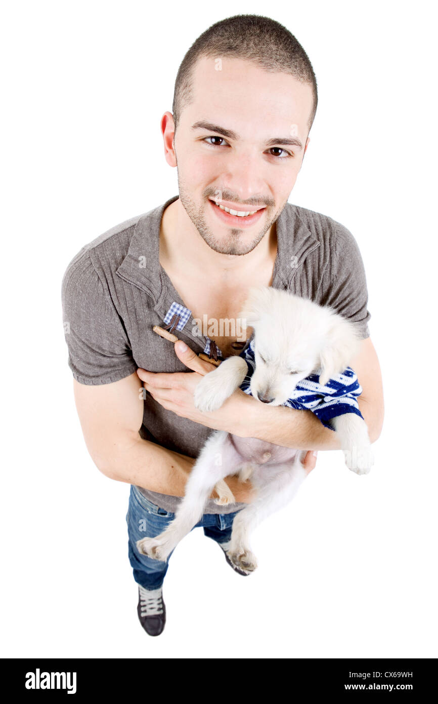 young casual man full body with a small dog, in a white Stock Photo - Alamy