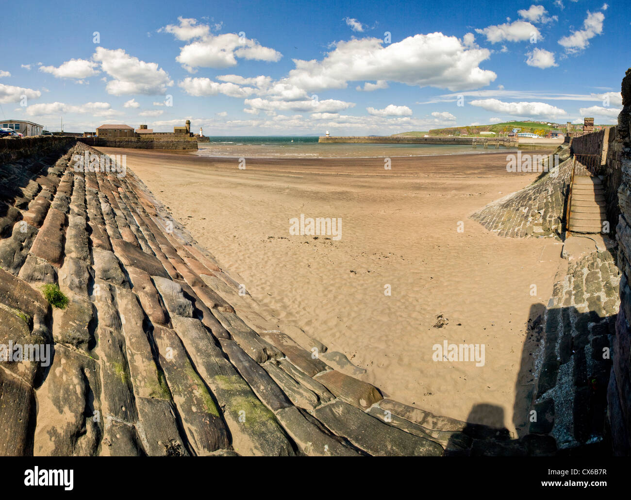 A Panoramic view of Whitehaven Harbour Beach. Whitehaven, Cumbria ...