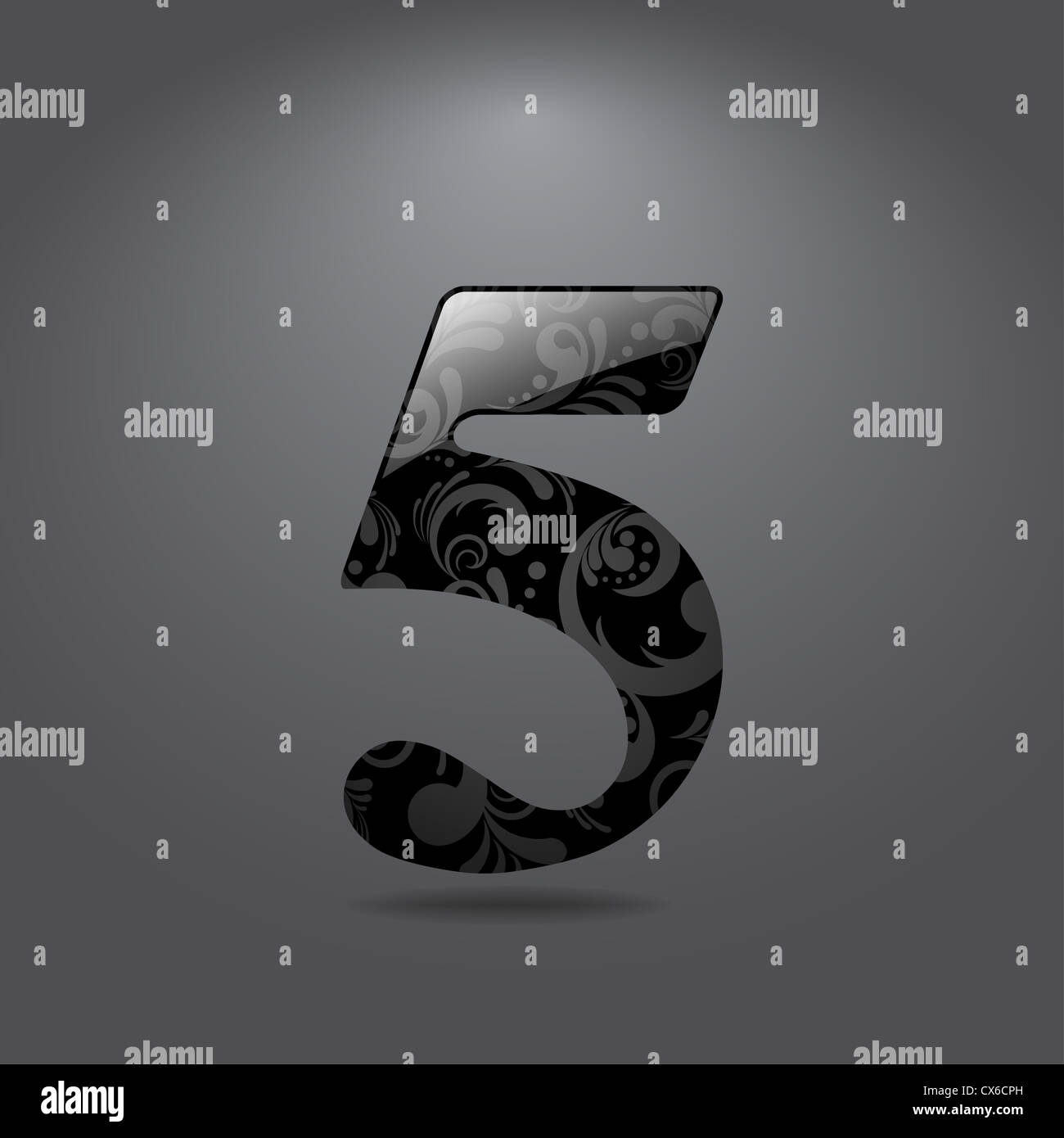 Glossy digit 5 - symbol with floral ornate, isolated on gray background ...