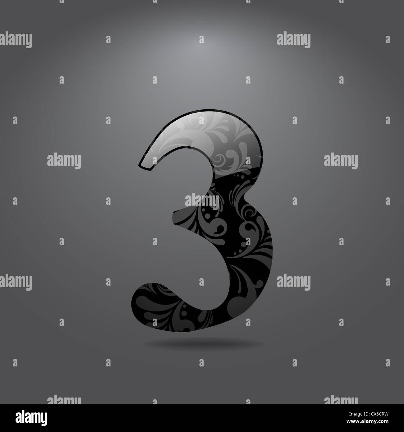 Glossy digit 3 - symbol with floral ornate, isolated on gray background ...