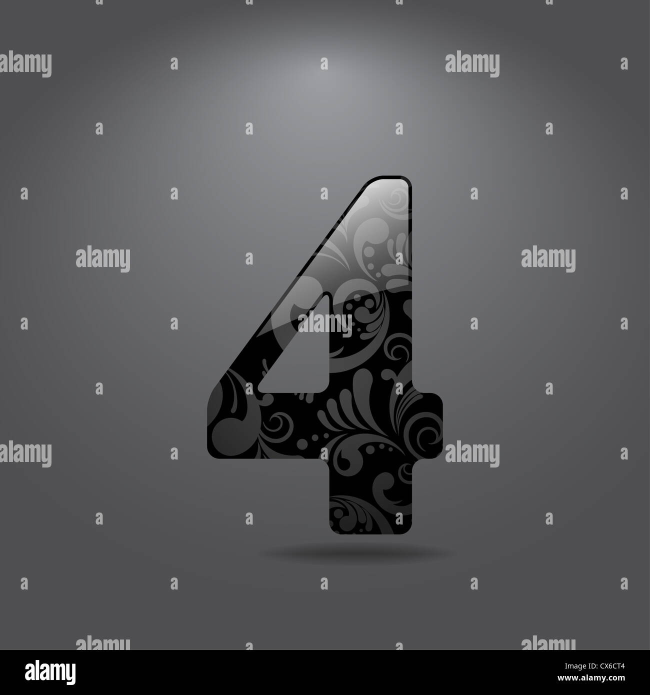 Glossy digit 4 - symbol with floral ornate, isolated on gray background ...