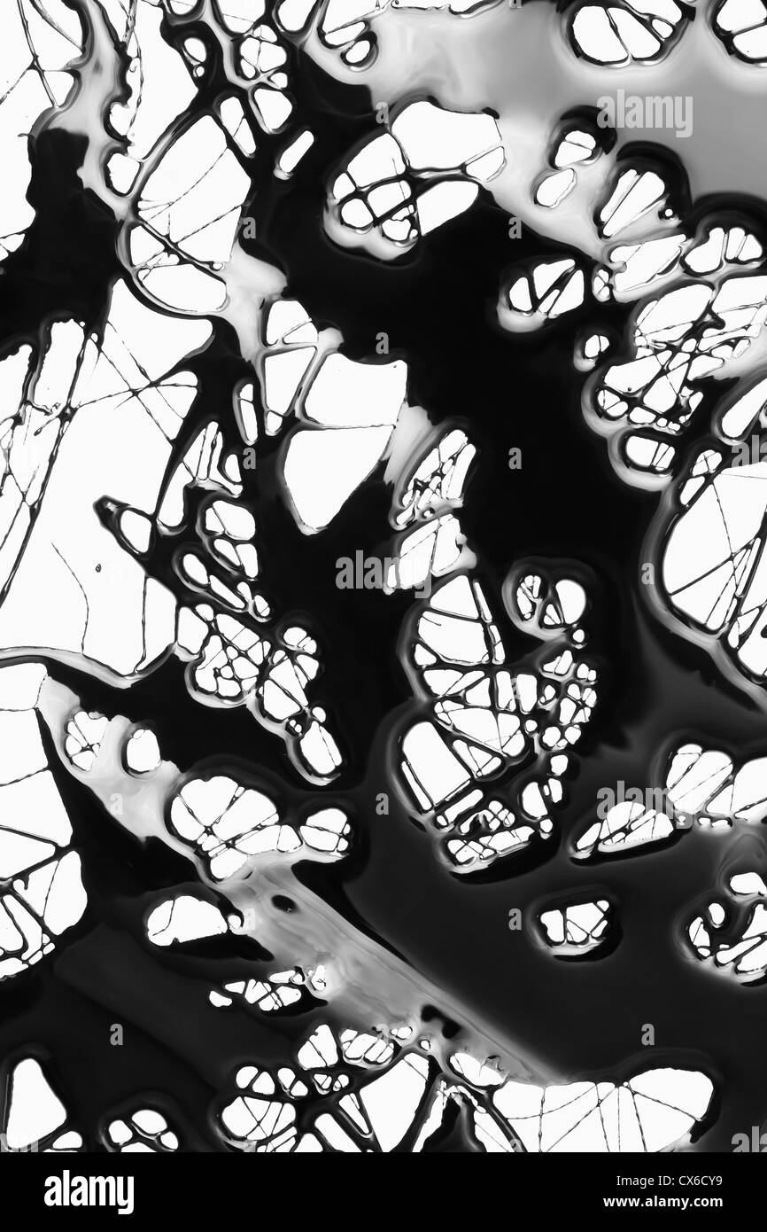 Splattered black paint making a complex abstract pattern on a white ...