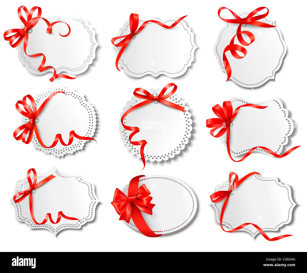 Set of beautiful cards with red gift bows with ribbons Stock Photo - Alamy
