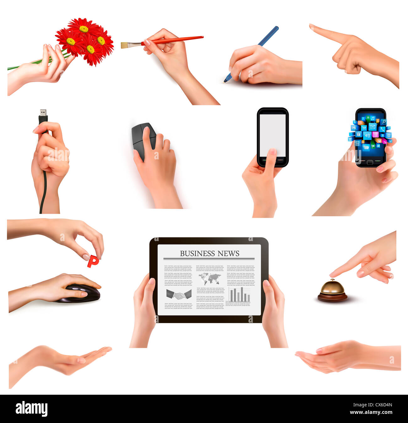 Set of hands holding different business objects Stock Photo - Alamy