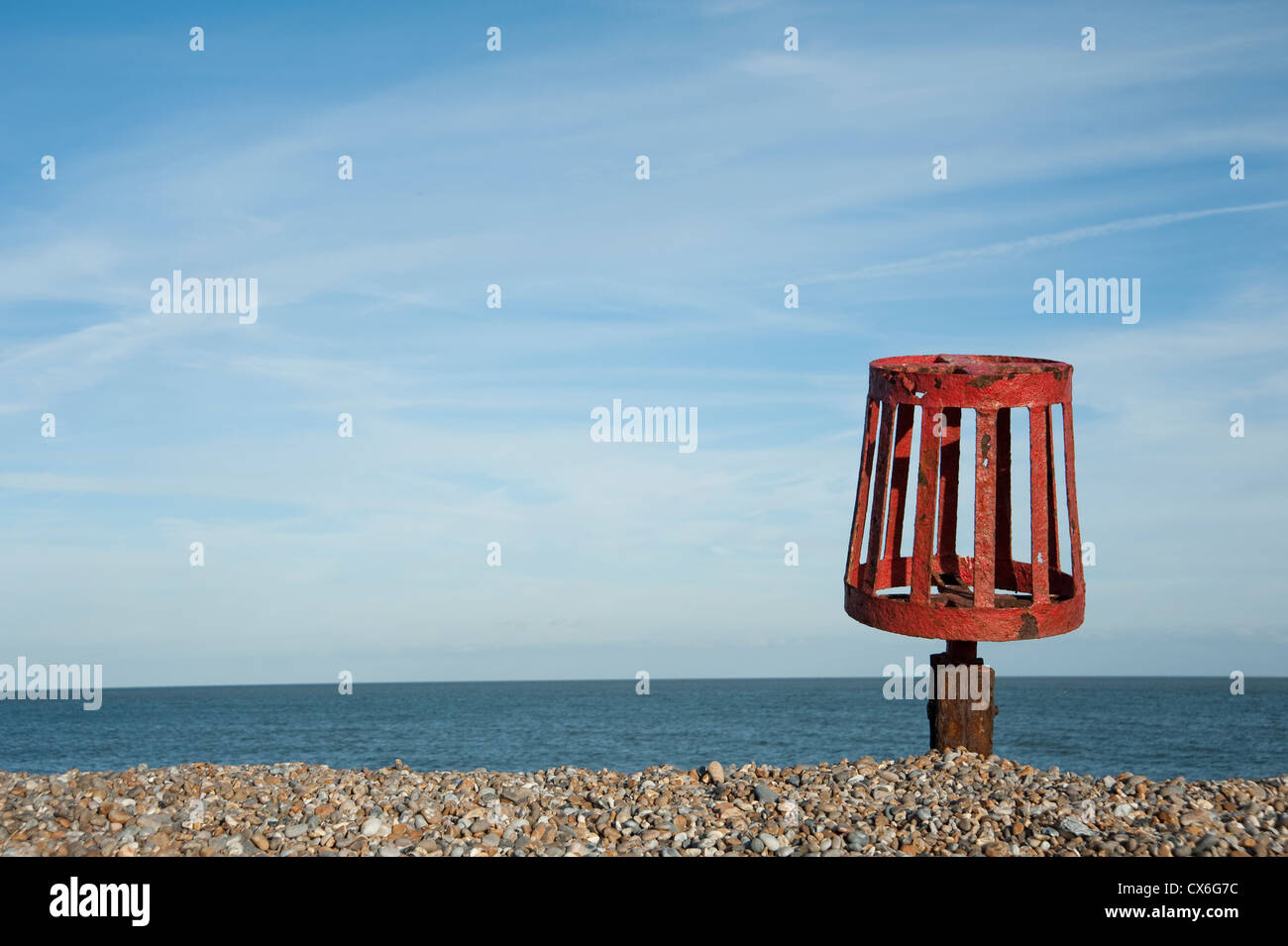 Red cage on Aldeburgh beach Stock Photo - Alamy