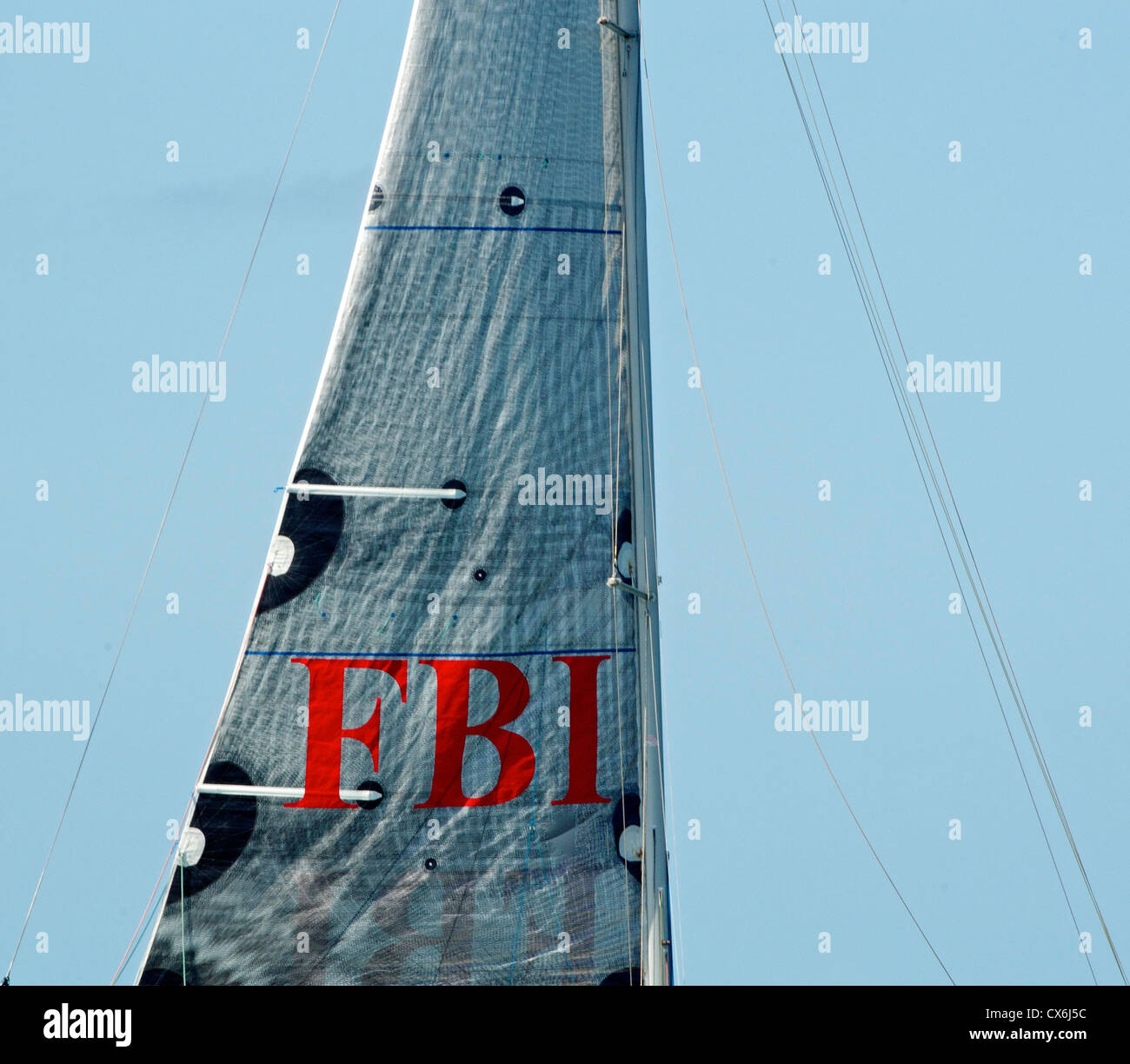 Looking up at sails FBI and mast of boat Stock Photo - Alamy