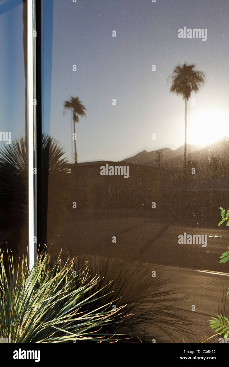 Reflection of mountains, palm trees and a house in a window Stock Photo ...