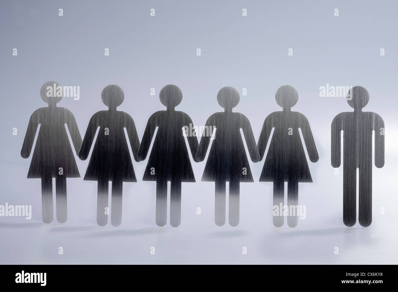 Five female restroom sign figures in a row and one male restroom sign ...