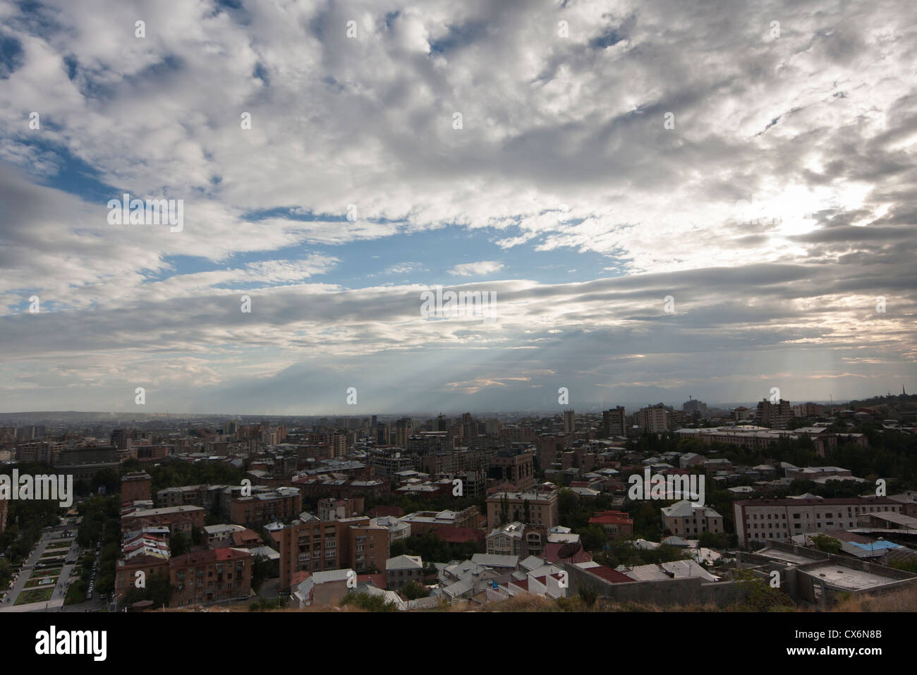 Yerevan cityscape from above with threatening sky, Armenia Stock Photo ...