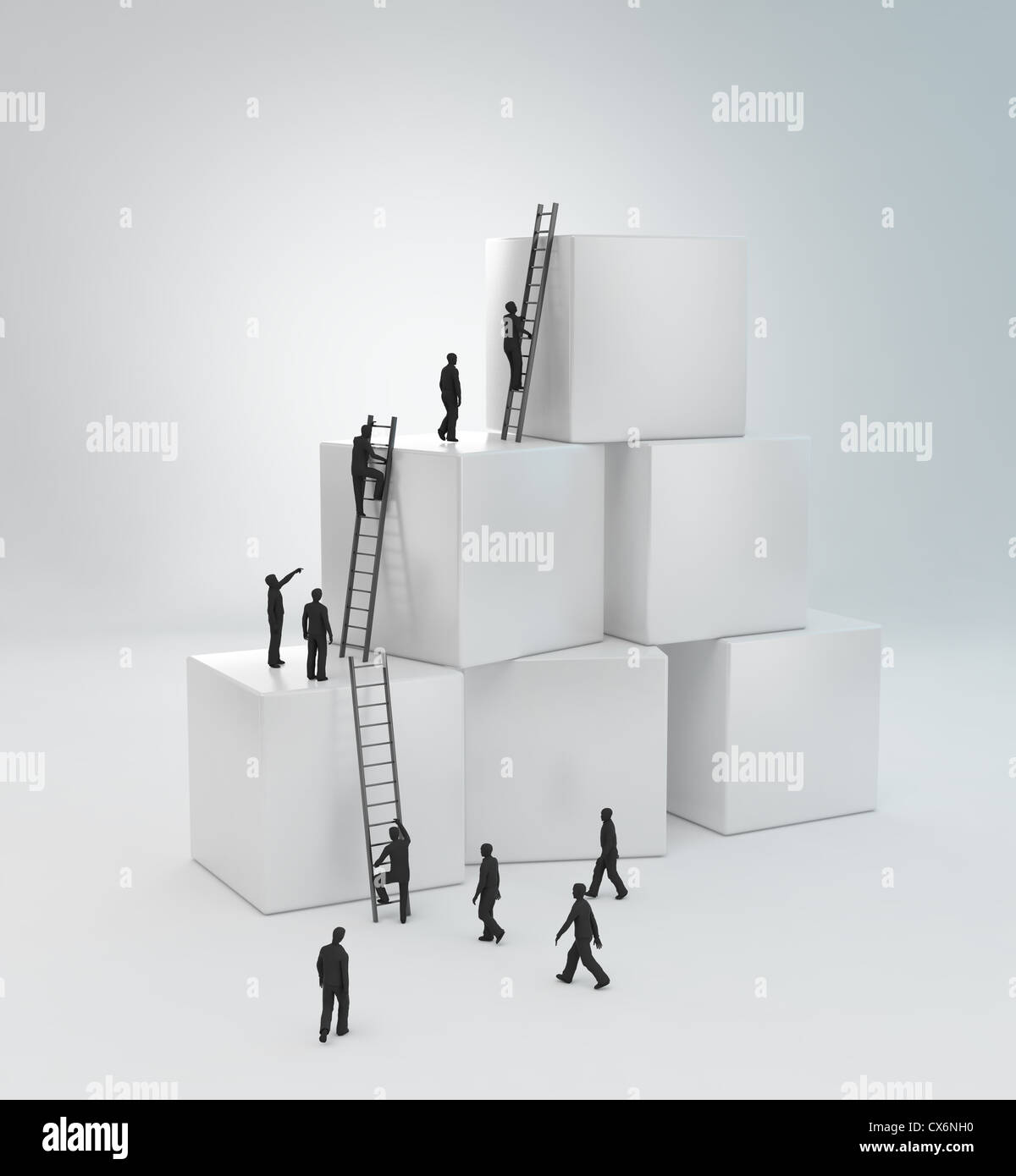 Tiny people climbing ladders to get to the top. Teamwork concept Stock ...