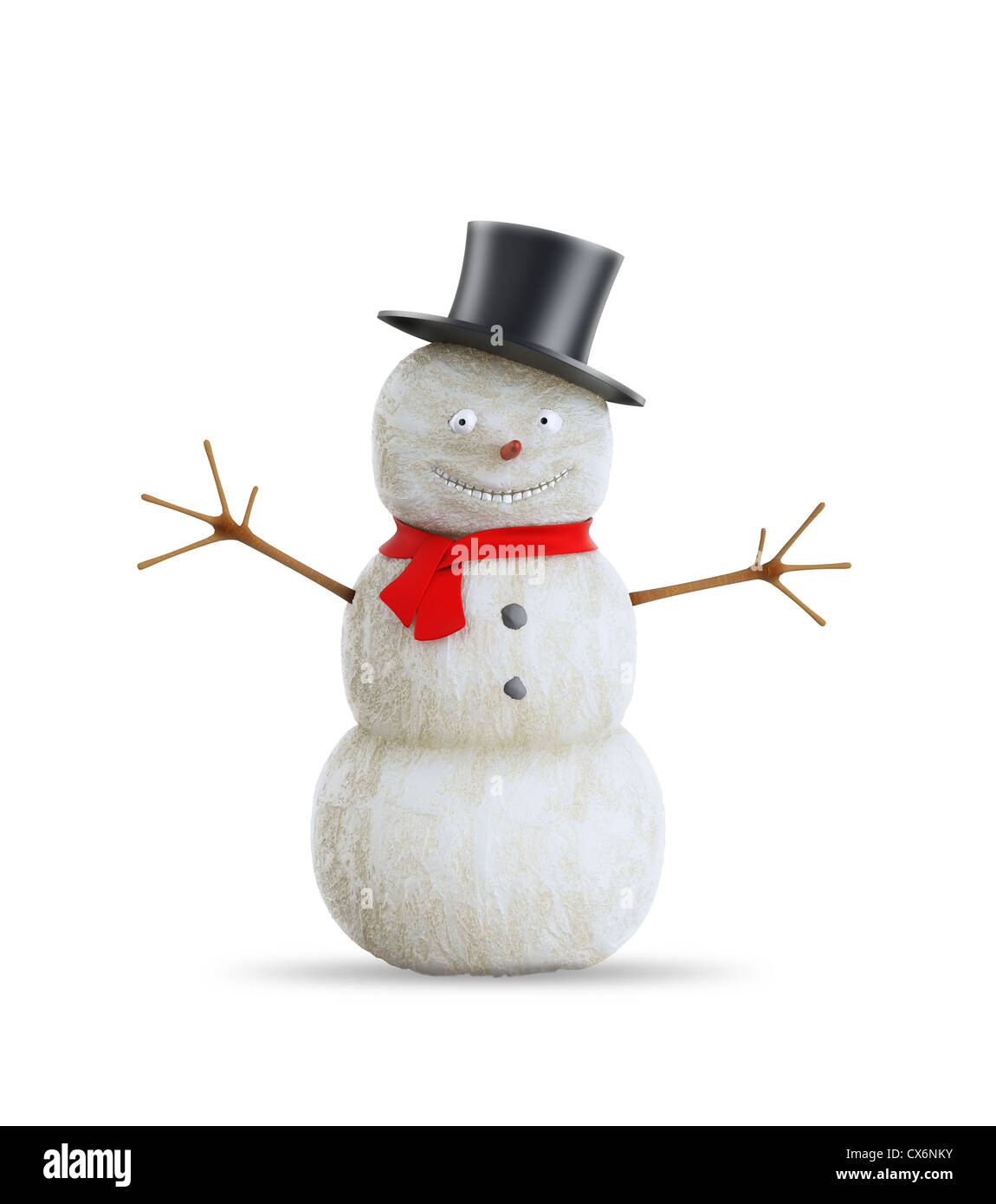 Waving and smiling snowman with a red scarf Stock Photo - Alamy