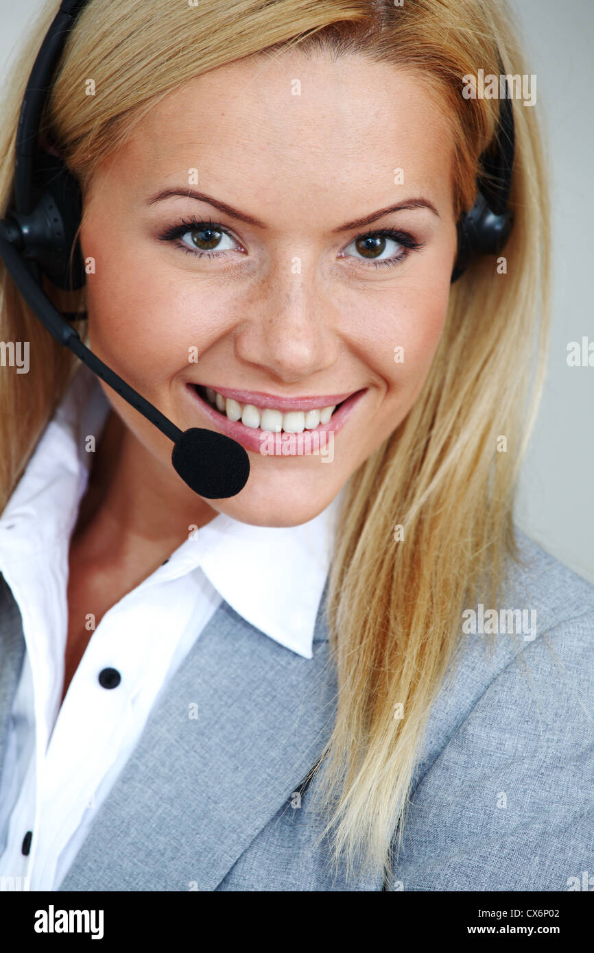 woman call with headset close portrait Stock Photo - Alamy