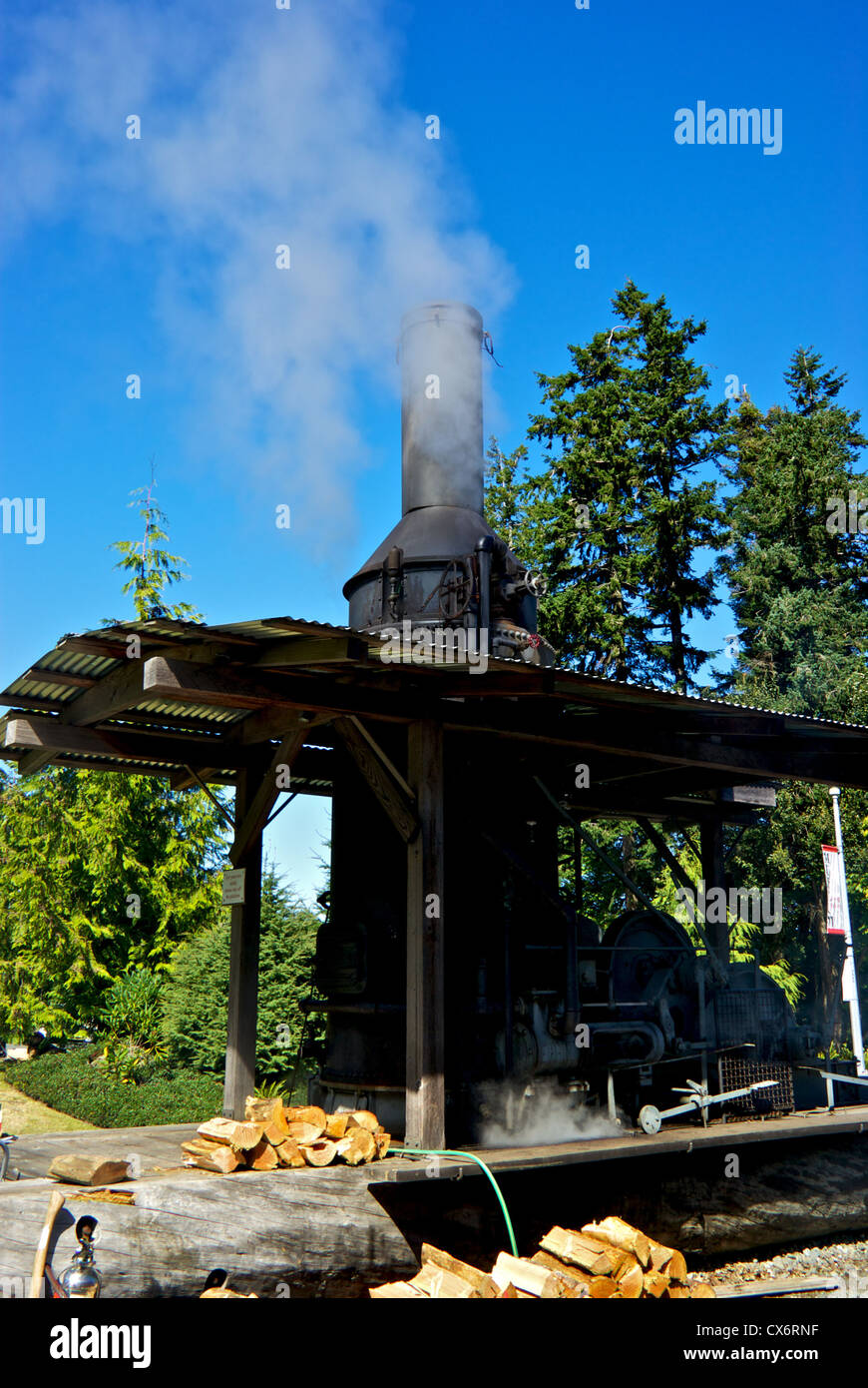 Smoke from restored wood fired steam donkey engine working display ...