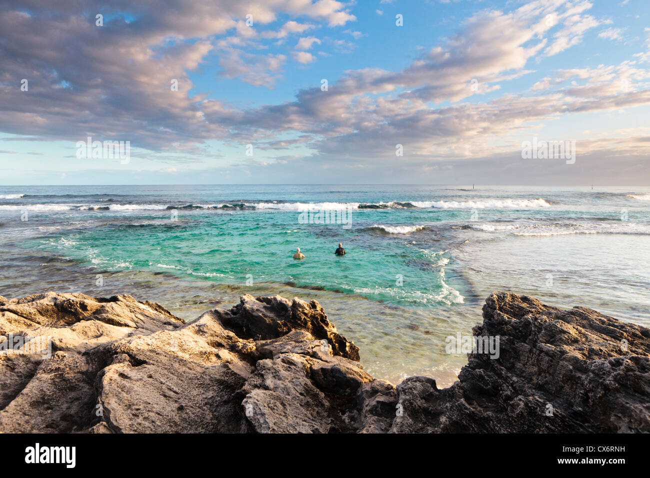 Two seniors in the water at The Basin beach at Rottnest Island, Perth ...