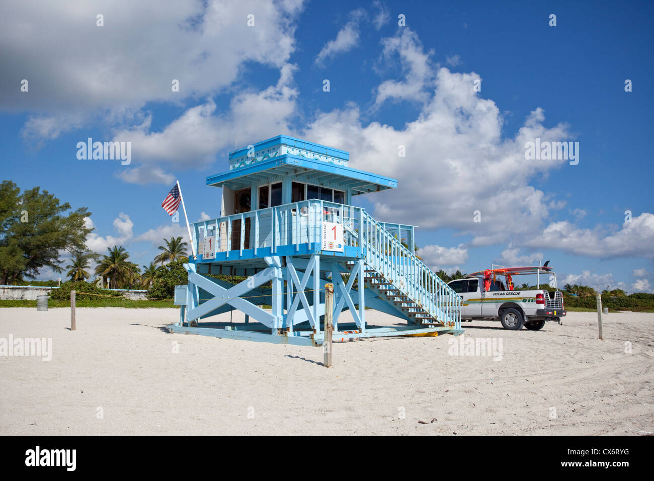 Lifeguard tower in deserted beach, Haulover Beach, Miami-Dade County ...
