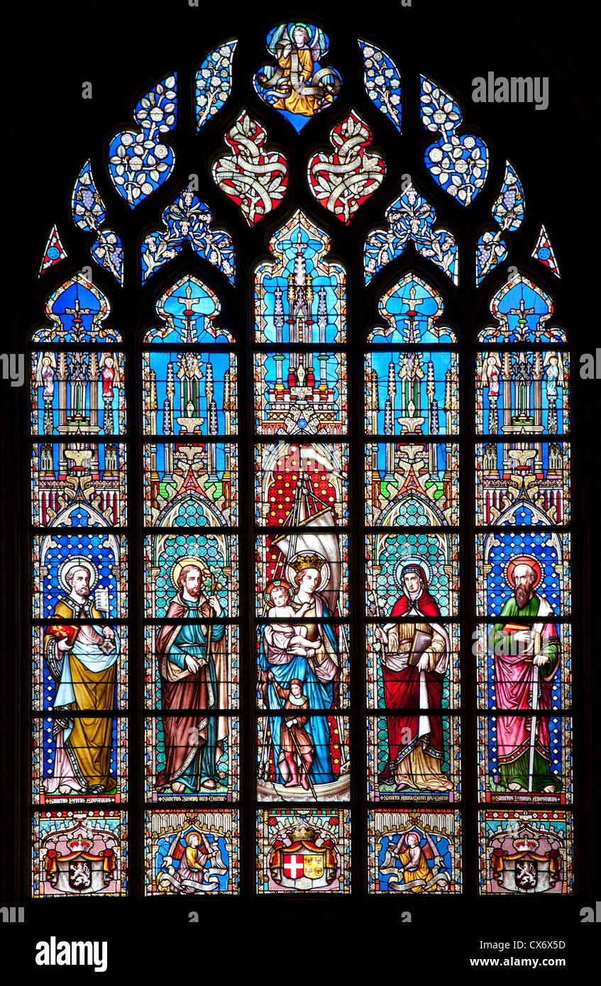 BRUSSELS - JUNE 22: Windowpane from gothic church Notre Dame du Sablon ...