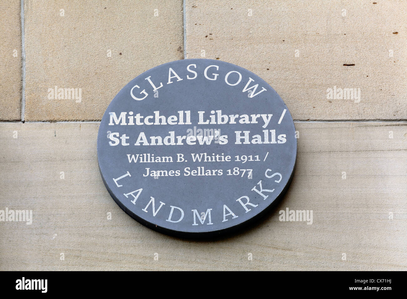 Landmarks sign on the Mitchell Library and St Andrew's Hall, Glasgow ...