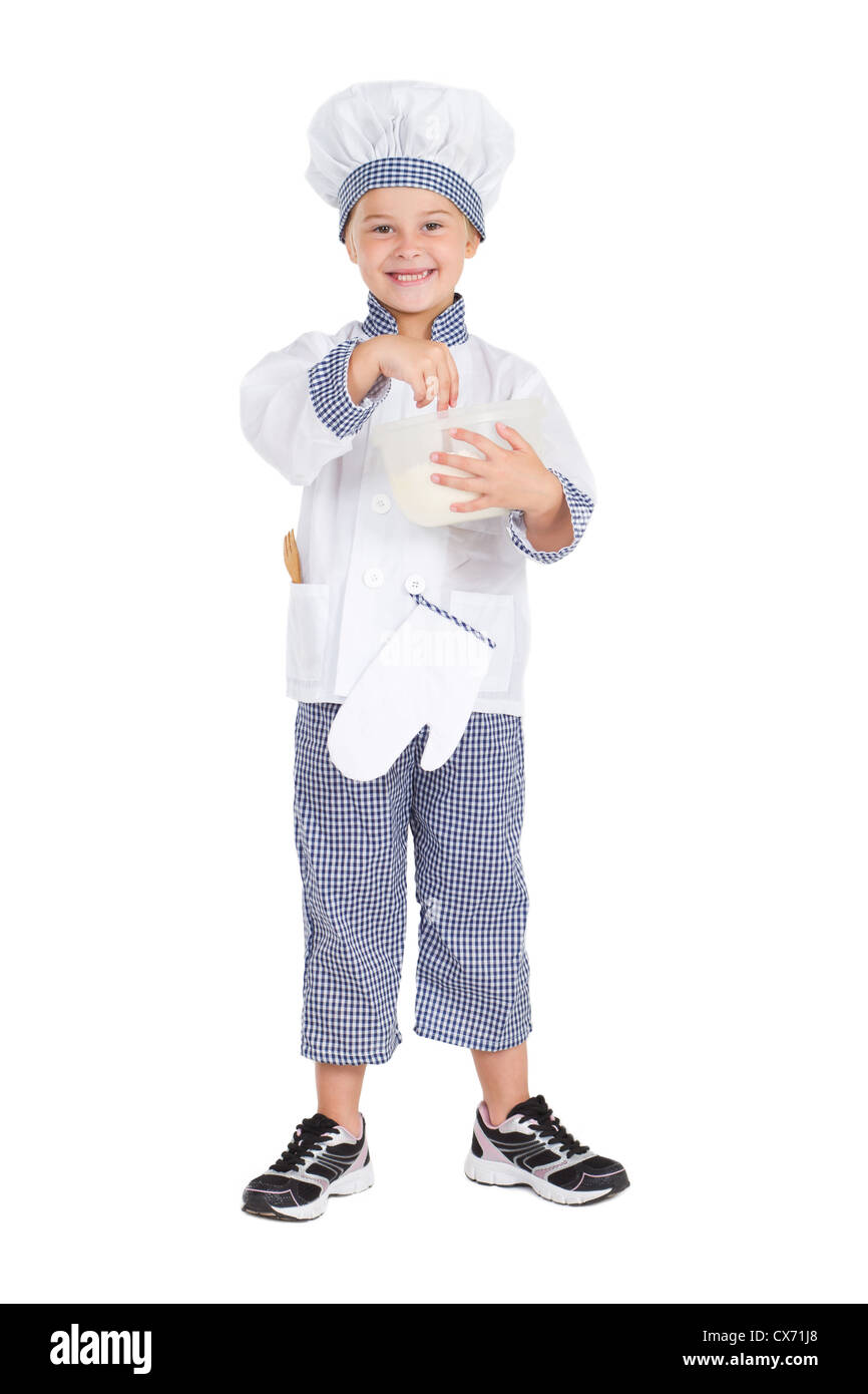 little girl in baker's uniform mixing flour, isolated on white Stock ...