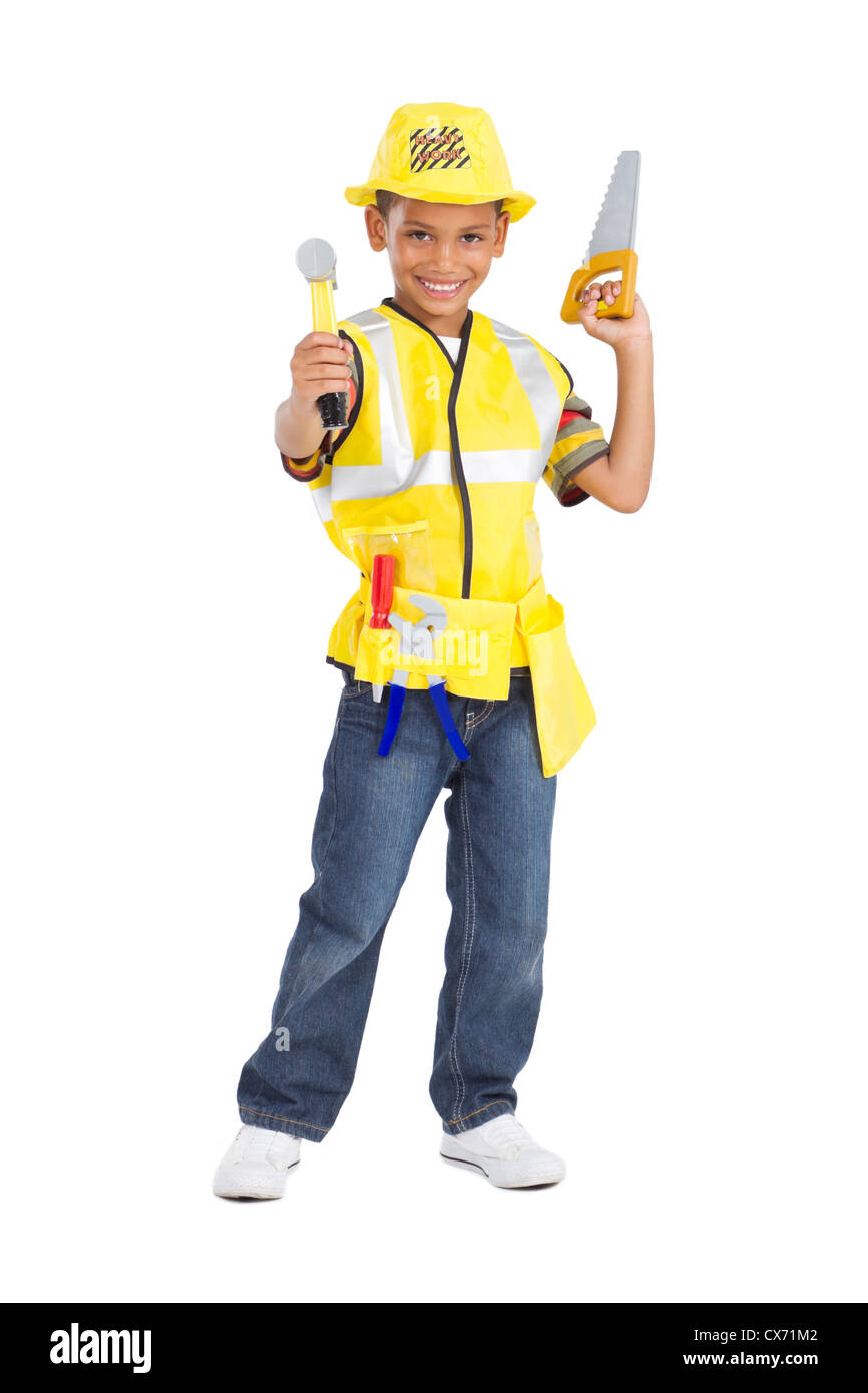 cute little boy in construction uniform and holding tools Stock Photo ...