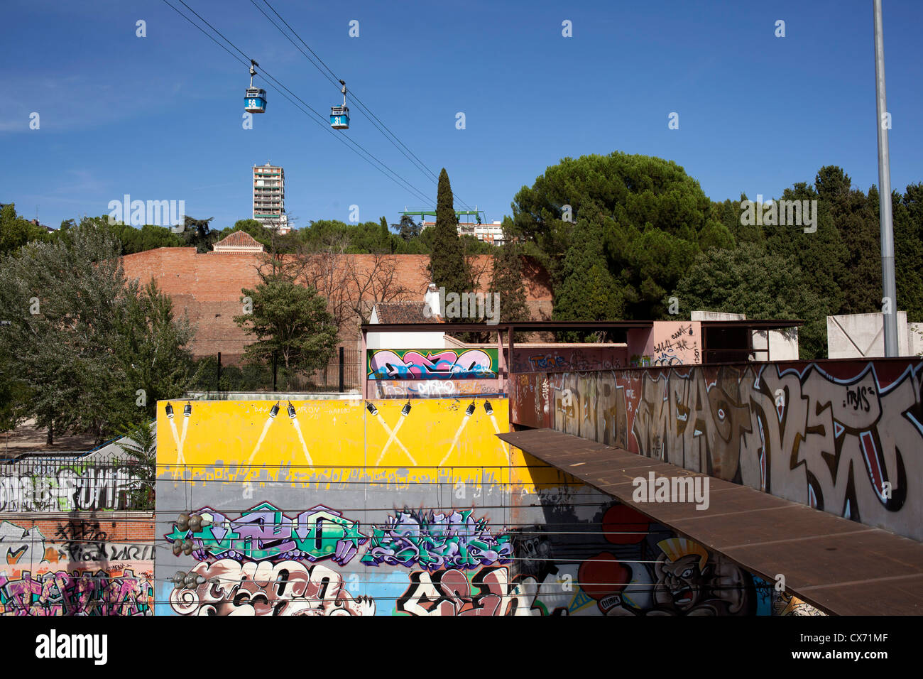The Madrid Teleferico cable car viewed from across the railway line ...