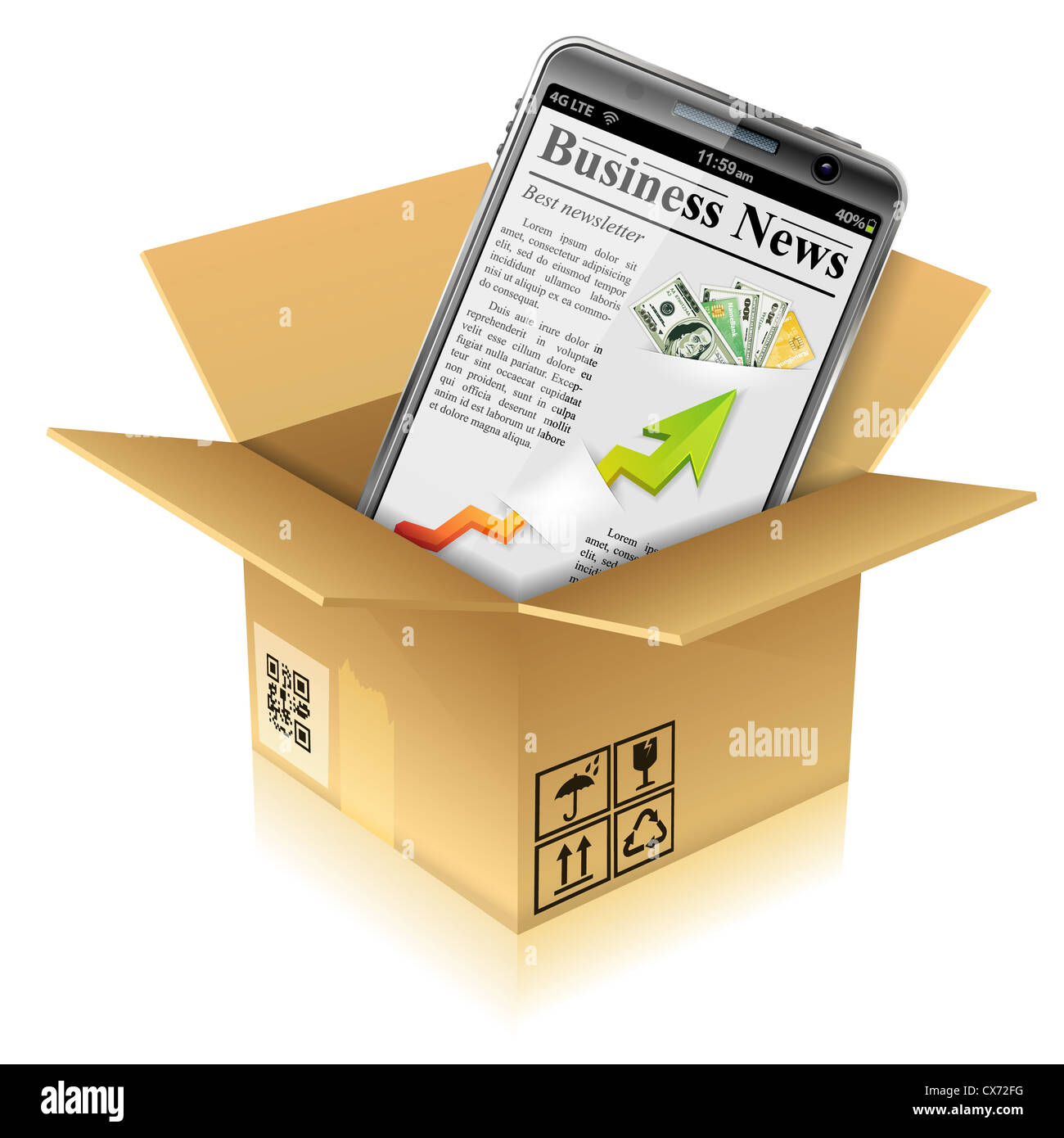 Open Cardboard Box with Business News on Smart Phone, vector ...