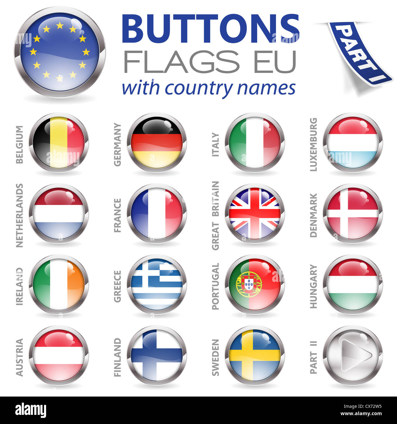 Three Dimensional Buttons with Country Flags for European Union (EU ...