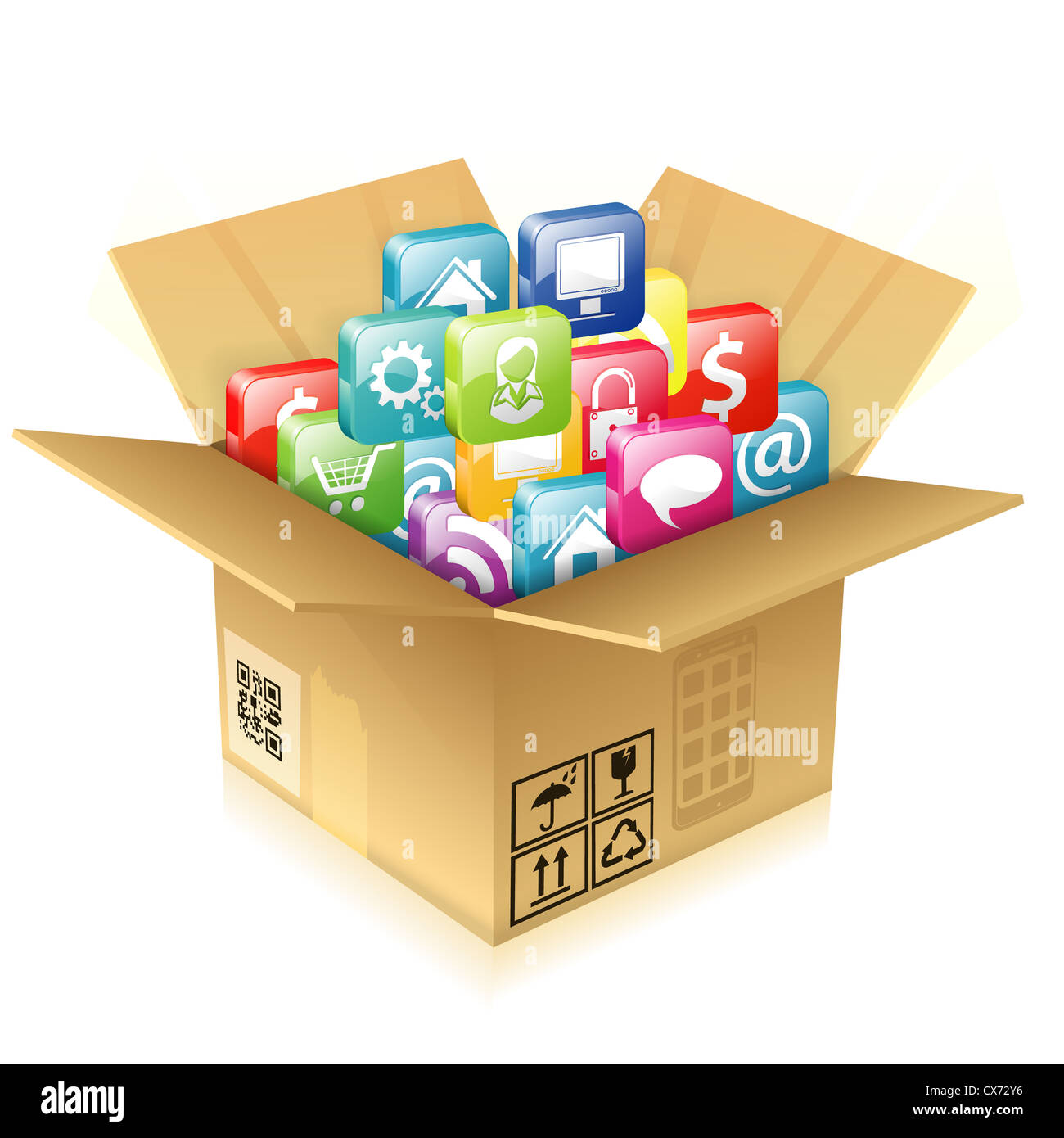 Open Cardboard Box with pile of icons, vector illustration Stock Photo ...
