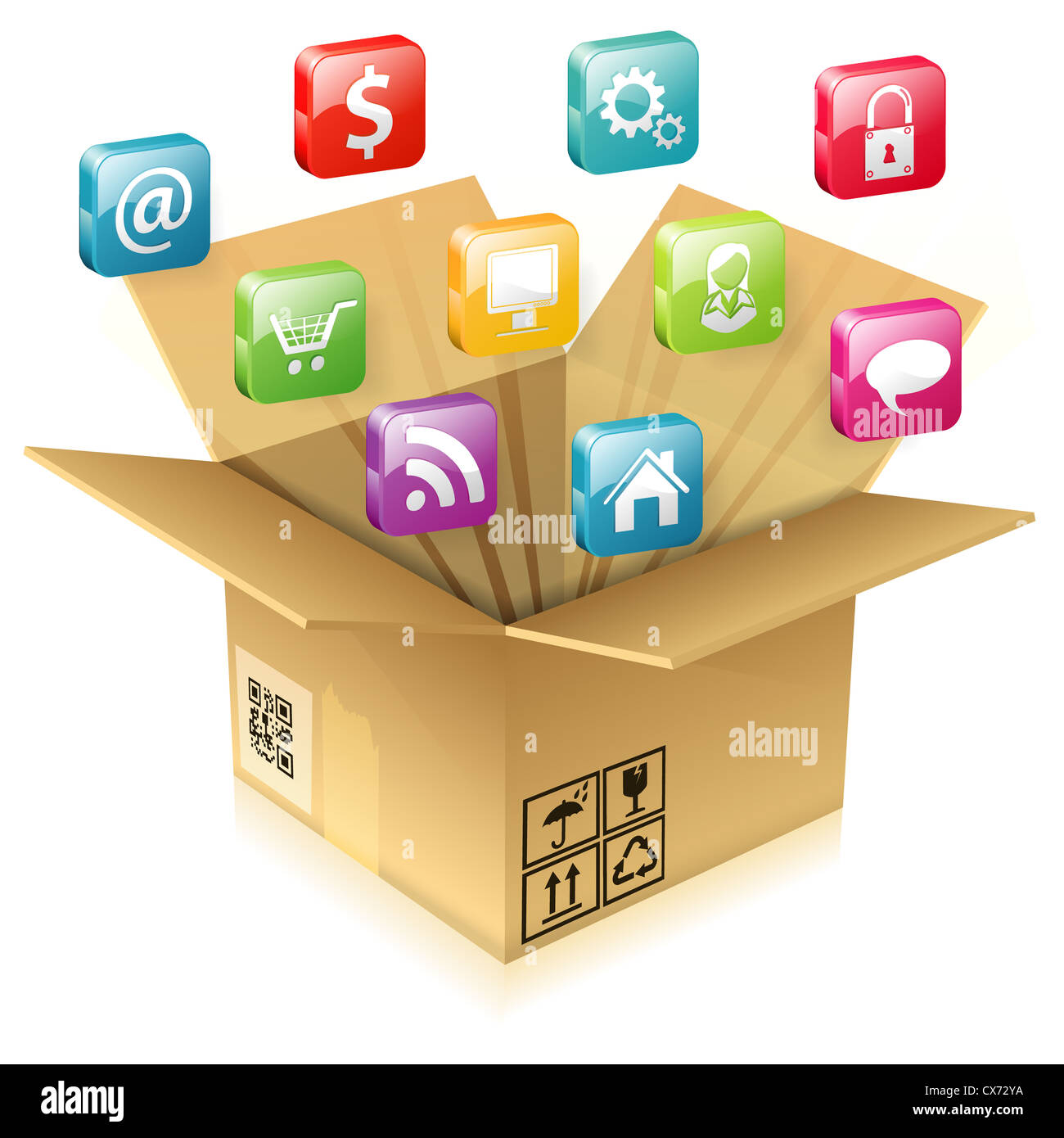 Open Cardboard Box with a set of icons, element for design, vector ...