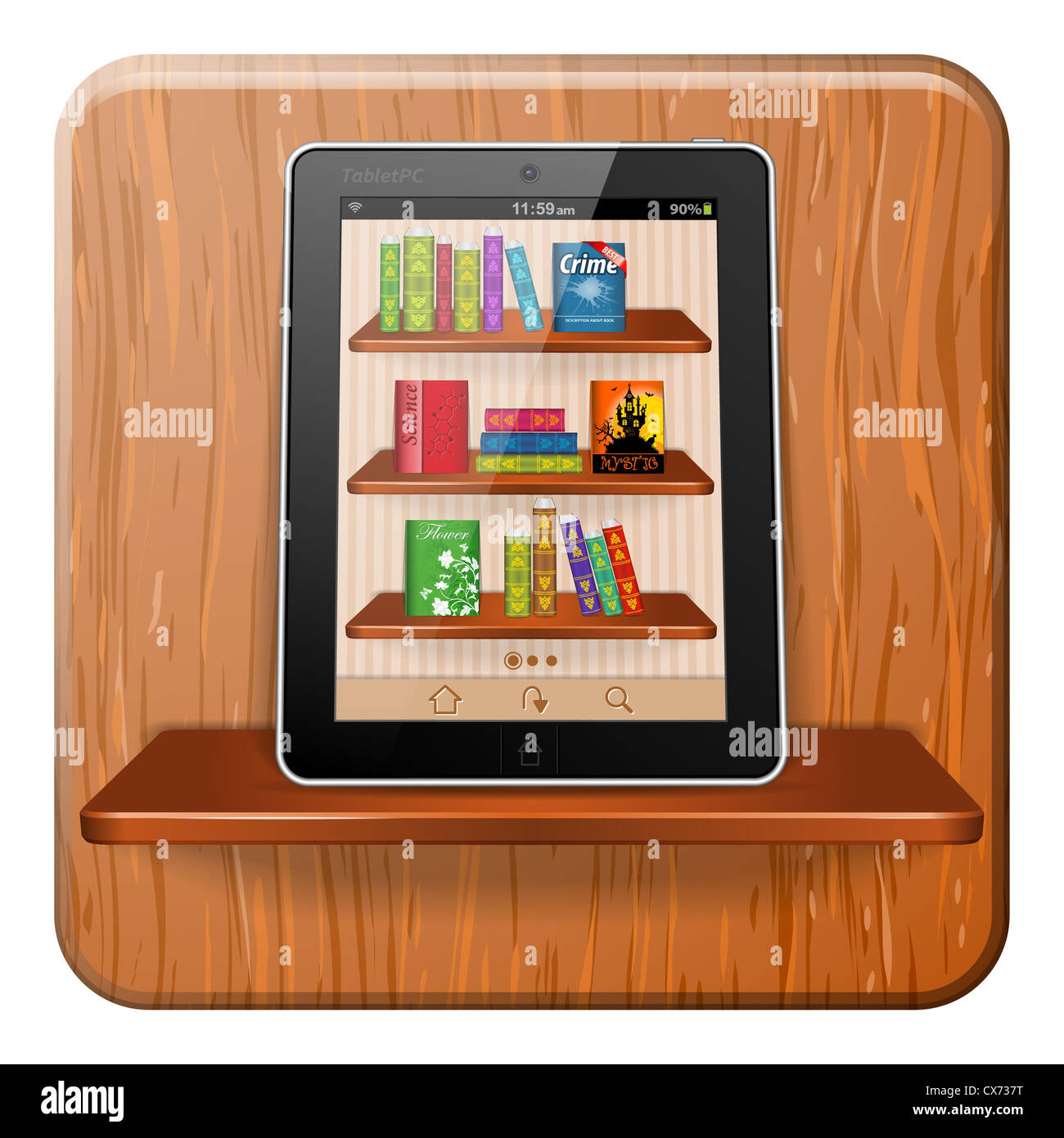 Reading Books Application on Tablet Computer on Bookshelf, vector ...