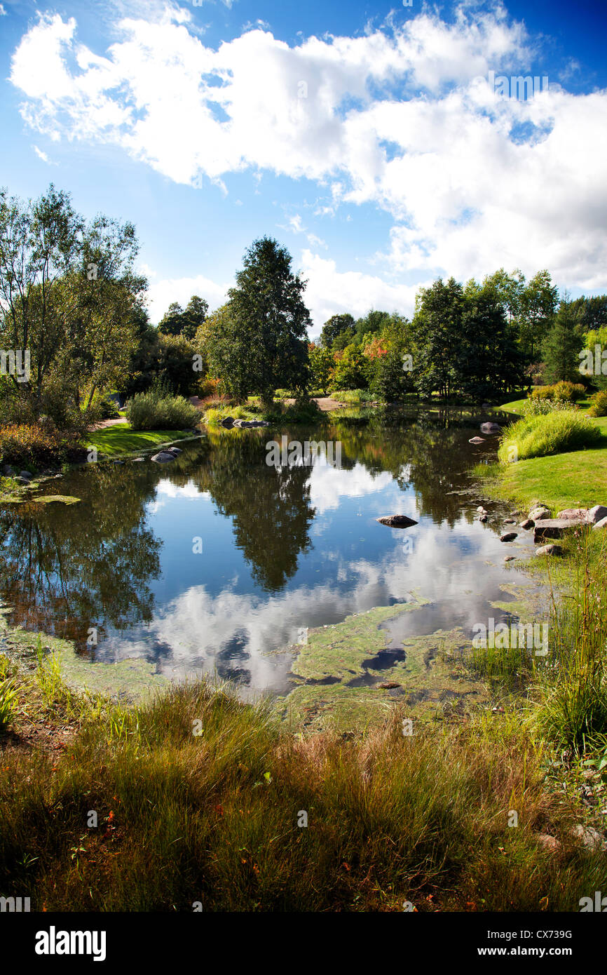 Garden with pond and blue sky Stock Photo - Alamy