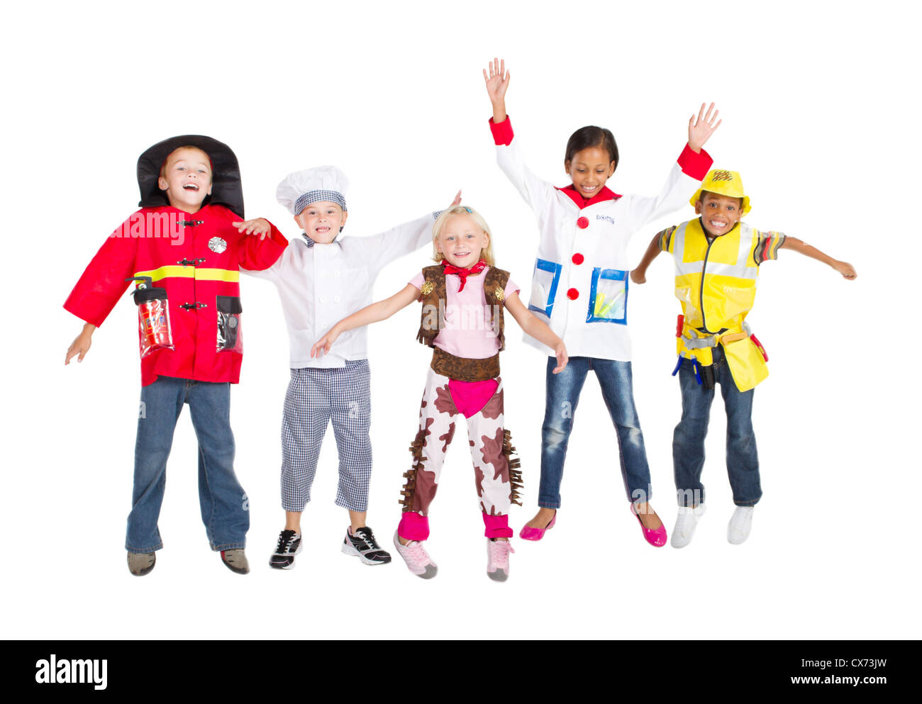 group of kids in costumes jumping up, isolated on white Stock Photo - Alamy
