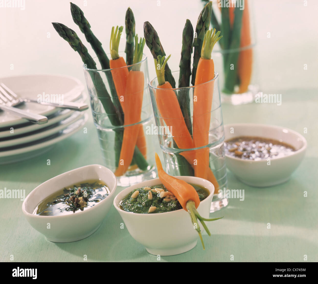 Vegetables with three sauces Stock Photo - Alamy