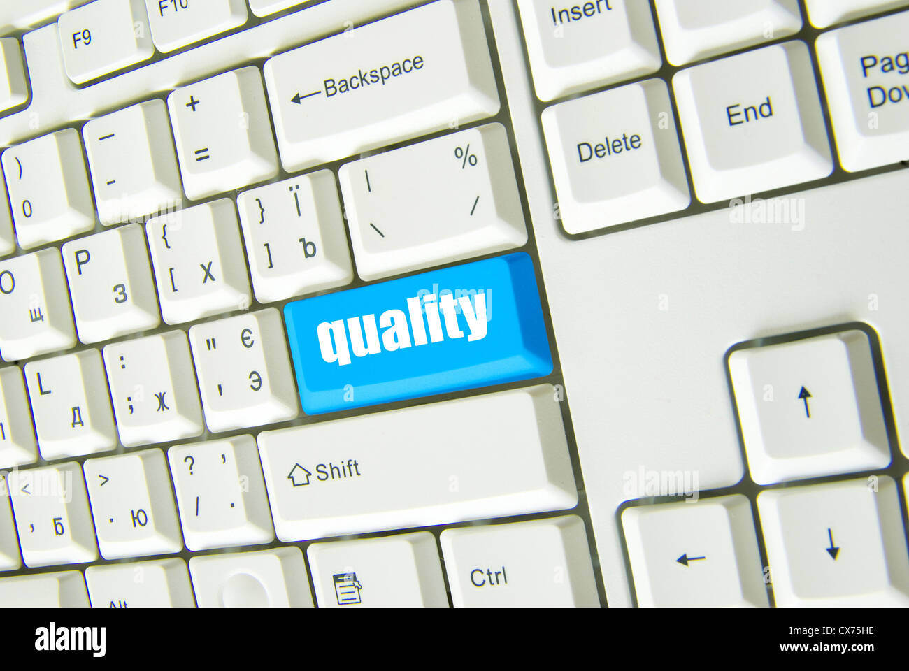 A keyboard with blue button of quality Stock Photo - Alamy