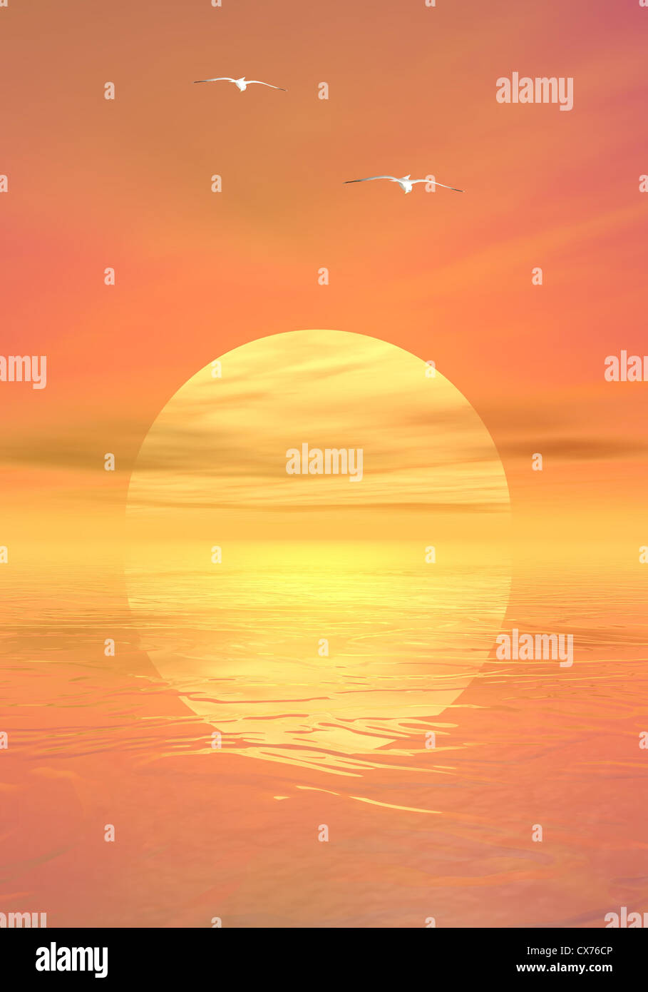 Big yellow sun shining while sunset over the ocean with two seagulls ...