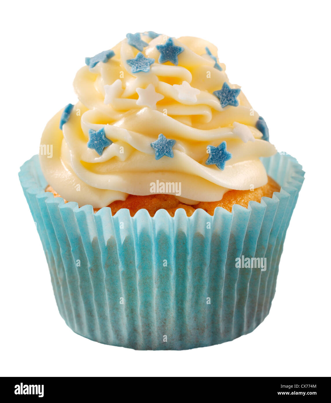 SINGLE BLUE AND WHITE CUPCAKE WITH STAR SPRINKLES Stock Photo - Alamy