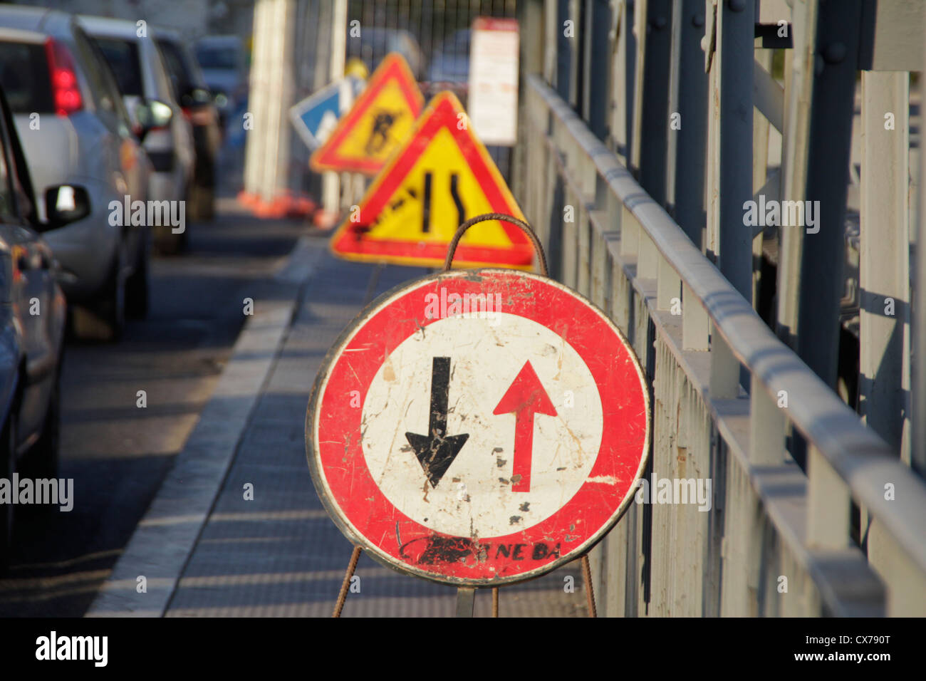 road works traffic signs on street Stock Photo - Alamy
