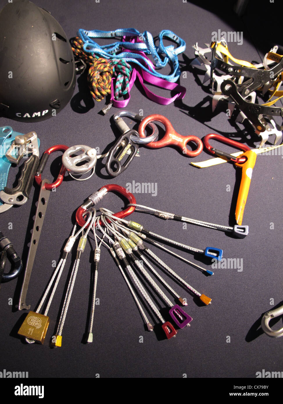 selection of climbing equipment on display at event Stock Photo - Alamy