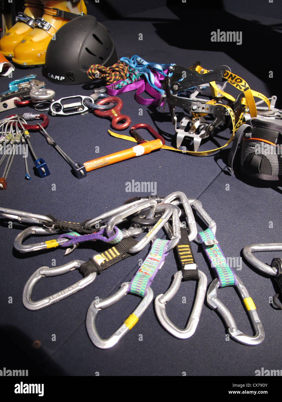selection of climbing equipment on display at event Stock Photo - Alamy