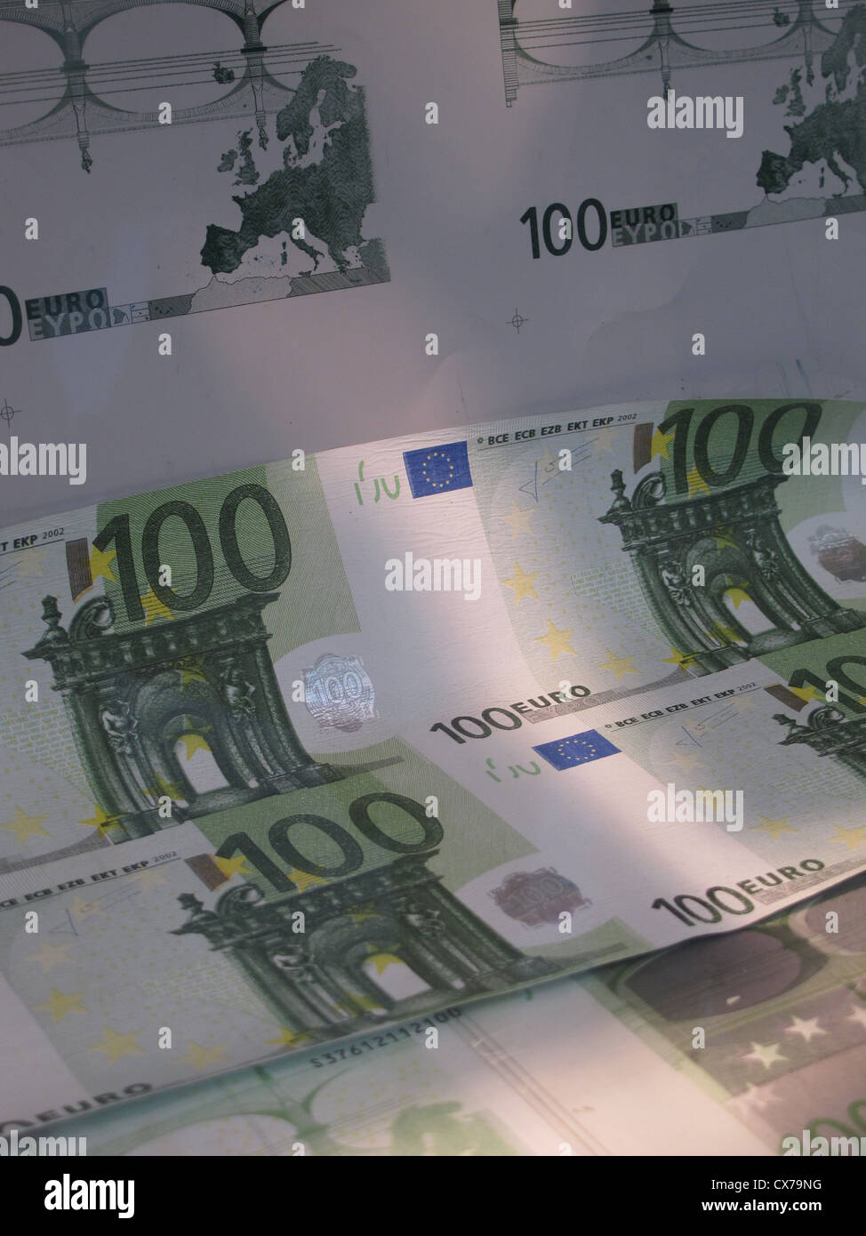 counterfeit false euro bank notes on display at police event Stock ...