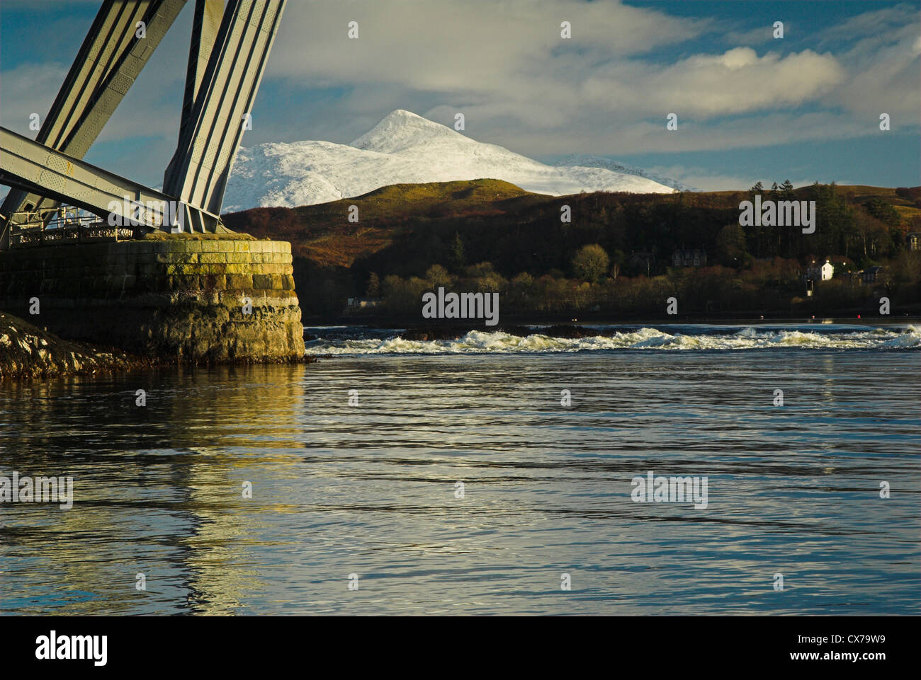 Falls of Lora and the Connel Bridge, Loch Etive with Ben Cruchan in the ...