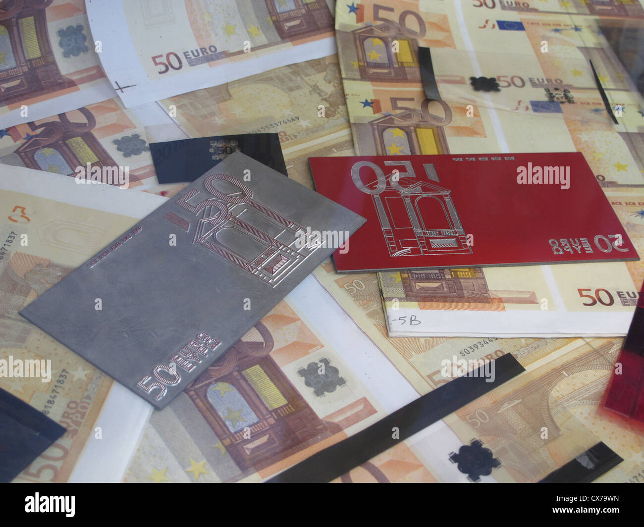 counterfeit false euro bank notes on display at police event Stock ...