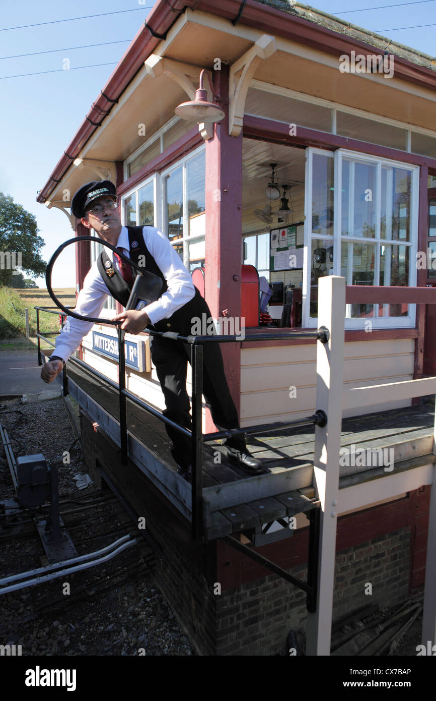 Signalman at Wittersham Road signal box on the Kent and East Sussex ...