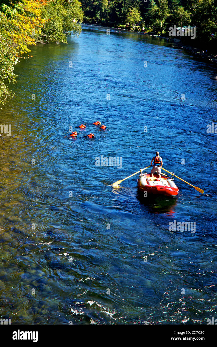 Guide rowing big rubber raft with snorklers on "Swim with the Fishes ...