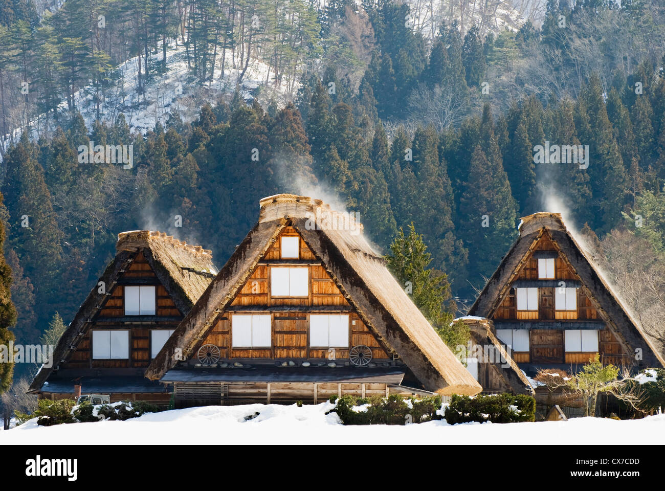 Three Traditional Japanese Village Houses With Thatched Rooves Steaming ...